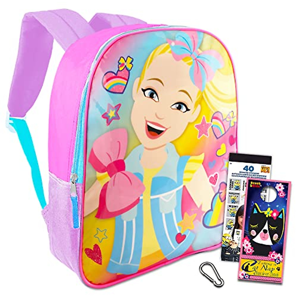 Fast Forward JoJo Siwa Backpack for Girls, Kids - 4 Pc Bundle with 16" JoJo Siwa School Backpack, Stickers, Backpack Clip, and More (JoJo Siwa School Supplies)