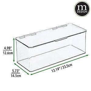 mDesign Plastic Stackable Storage Organizer Box with Hinged Lid - Long Home Office Holder Supply Bin for Note Pads, Gel Pens, Staples, Tape, Highlighters, or Dry Erase Markers - Clear
