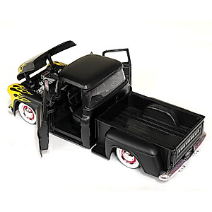 MiJo Exclusives Jada Toys 1:24 1955 Chevrolet Stepside Truck - Matte Black with Yellow Flames - Just Trucks - 34294