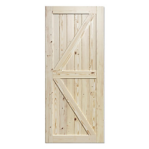 SmartStandard 36in x 84in Sliding Barn Wood Door Pre-Drilled Ready to Assemble, DIY Unfinished Solid Spruce Wood Panelled Slab, Interior Single Door Only, Natural, K-Frame (Fit 6FT-6.6FT Rail)