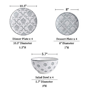 Original Heart 12-Pieces Dinnerware Sets Ceramic Dish Set, Plates and Bowls Sets, Dishes Set for 4, Nonstick Plate Set, Durable Stoneware Plates, Dishes, Soup and Cereal Bowls, Grey, for kitchen