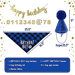 ENJOYING Pet Dog Bandana Doggy Birthday Party Supplies Plaid Dog Bandanas Scarf Pet Birthday Hat with Number for Small Medilum Dogs and Cats, Blue