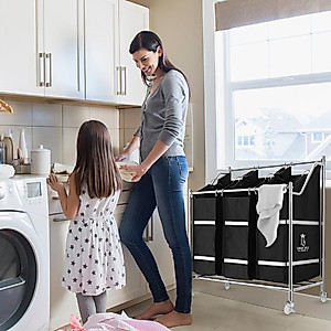 LUXURY STYLE 3- Sections Laundry Sorter, Roling Laundry Cart, Modern Golden Laundry Hamper, 3-Bags Laundry Hamper with Wheels, Laundry Basket, XL Hamper for Clothes, Toys, and Towels (Elegant Silver)