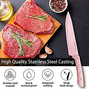 Kitchen Knife Set, Retrosohoo Pink Flower 6PC Stainless Steel Sharp Chef Knife Set with Acrylic Stand, Cooking Non-slip Knife Set with Block, Non-stick Colorful Coating Gift for Women Girls (Pink)