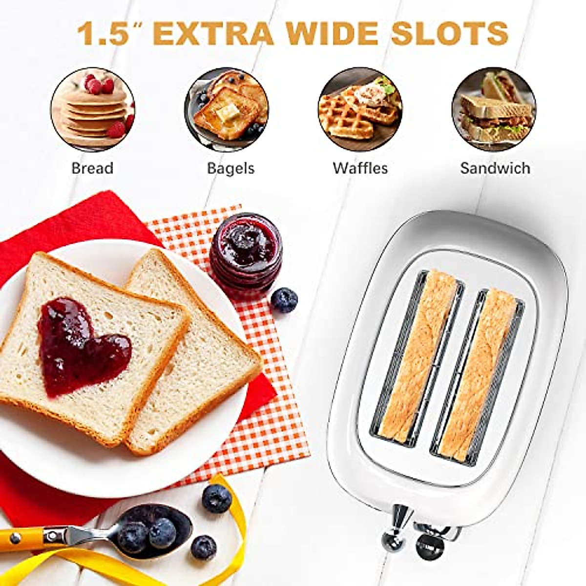 Toaster 2 Slice ,1.5"Extra Wide Slots Toaster,Retro Stainless Steel with Bagel, Cancel, Defrost, Reheat Function and 6-Shade Settings, Removal Crumb Tray (White)