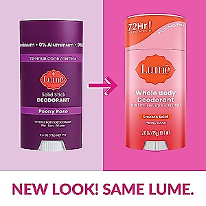 Lume Whole Body Deodorant - Smooth Solid Stick - 72 Hour Odor Control - Aluminum Free, Baking Soda Free and Skin Safe - 2.6 Ounce (Peony Rose)