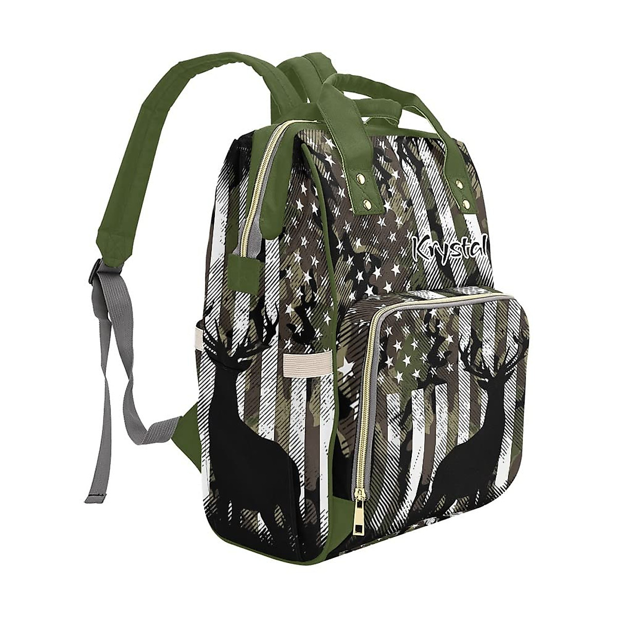 XOZOTY Camo American Flag Deer Antlers Diaper Bags with Name Waterproof Mummy Backpack Nappy Nursing Baby Bags Gifts Tote Bag for Women