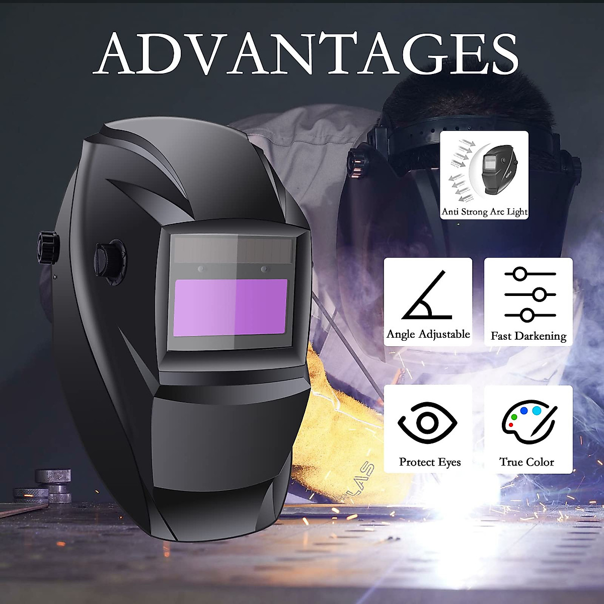 Goflas Welding Helmet Auto Darkening Solar Powered True Color Welder Helmet Welding Hood for MIG TIG Stick Welder Black