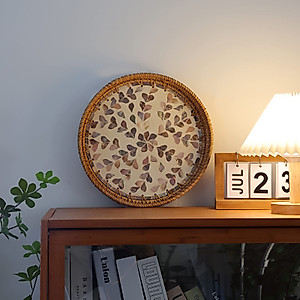 LURRIER Round Rattan Woven Serving Tray with Wood Bead Set, Decorative Coffee Table Tray with Handle, Serving Basket with Mother of Pearl Inlay Wooden Base, Display for Home,12in (Safari in Monstera)