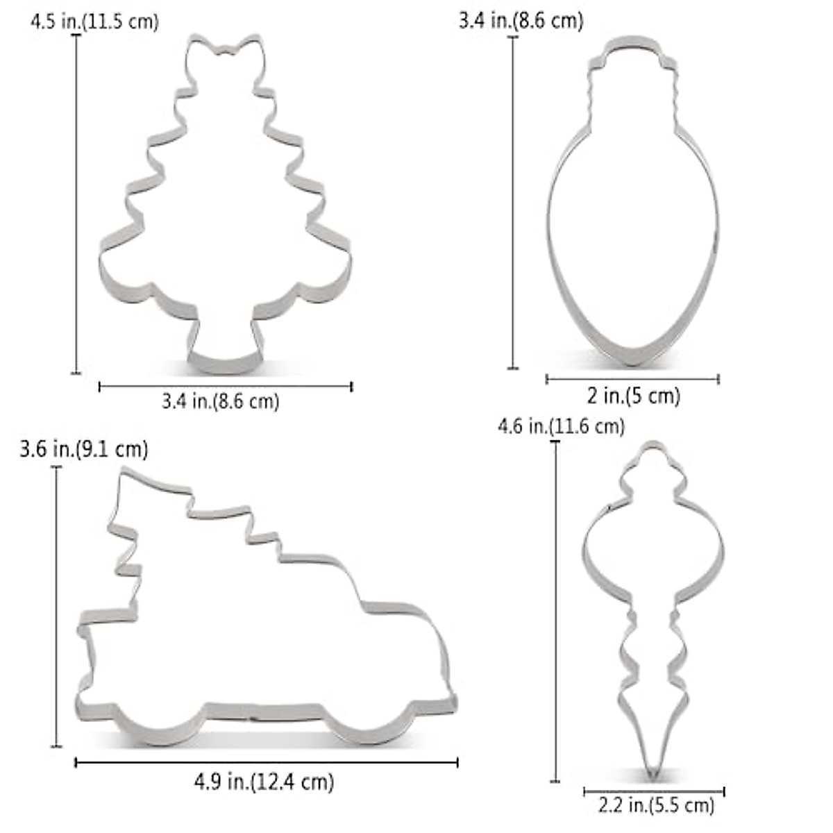 LILIAO Christmas Cookie Cutter Set, 4-pc, Pickup Truck with Christmas Tree, Christmas Tree, Light Bulb and Christmas Ornament Biscuit Fondant Cutters, Stainless Steel