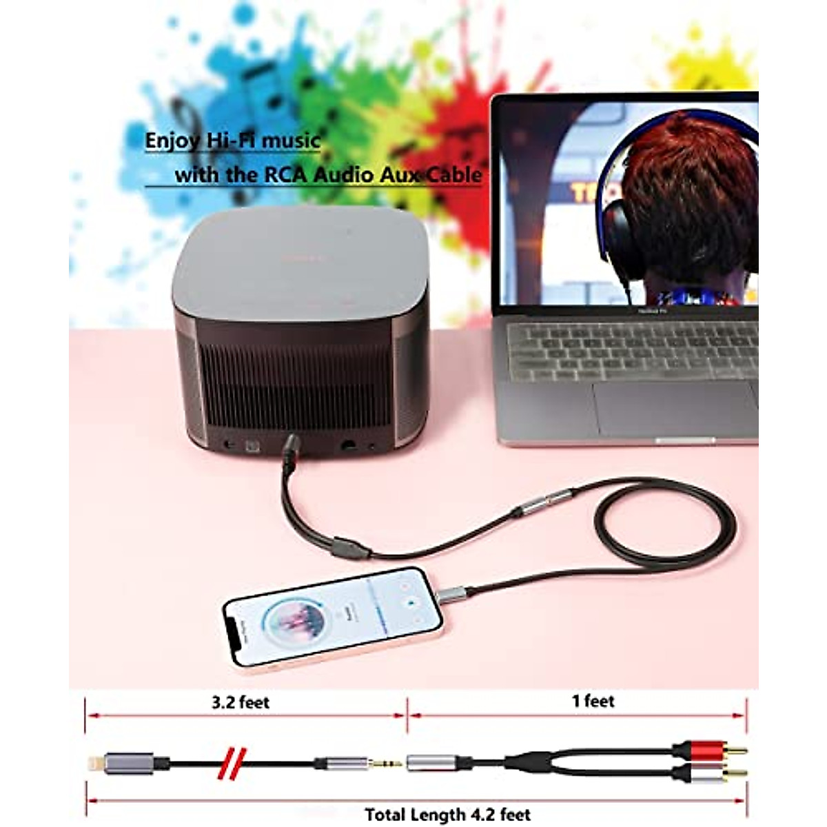 2-in-1 audio cable--iOS port to 3.5mm plug Cable and Female 3.5mm aux-in to RCA Stereo Extension Adapter Cord Compatible with iPhone/iPod/iPad to Headphone, Car, Speaker, Amplifier, Home theater etc.