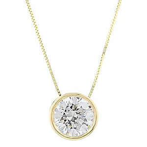 GNGJewel CZ Collection Solid 14k White or Yellow Gold Bezel-Set Pendant Necklace, 18" Box Chain (2cttw, YellowGold)