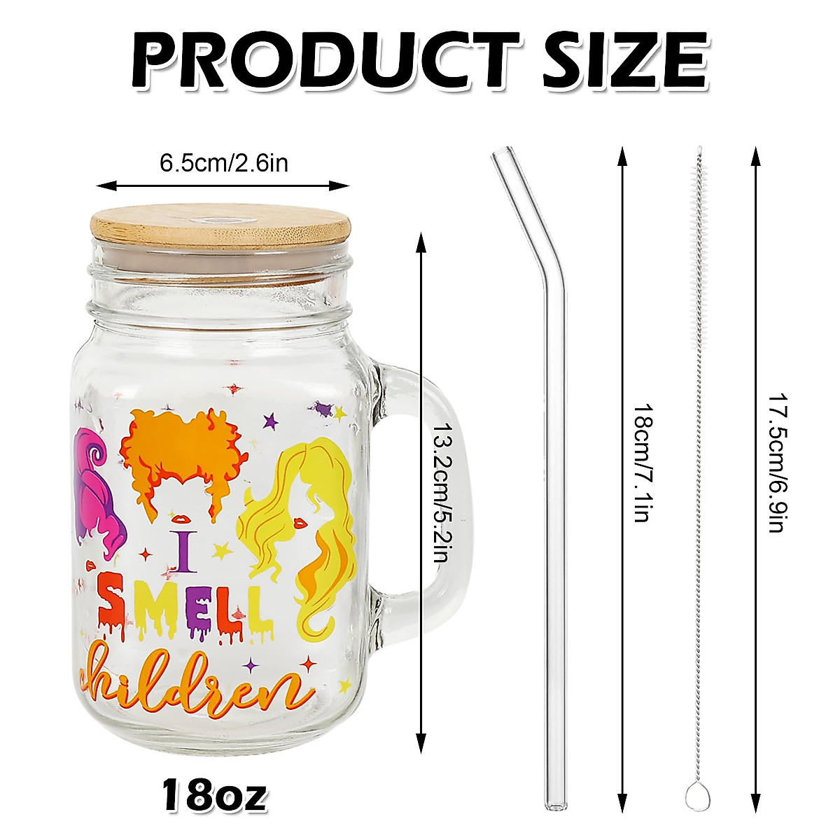 Whaline Halloween Mason Jar Mug with Handle 18oz Hocus Pocus Mason Jar Drinking Glasses Halloween Witch Ice Coffee Cups Glass Mugs Tumbler with Lid and Straw for Iced Coffee Tea Soda Cocktail Gifts