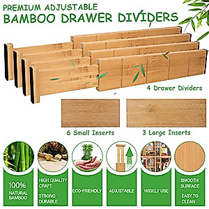 KOOHOAMZ Adjustable Bamboo Drawer Dividers With Inserts, Kitchen Drawer Dividers Organizer Expandable From 13.25"-17", Stackable Deep Drawer Separators For Kitchen Utensils, Dresser, Bedroom, Clothes