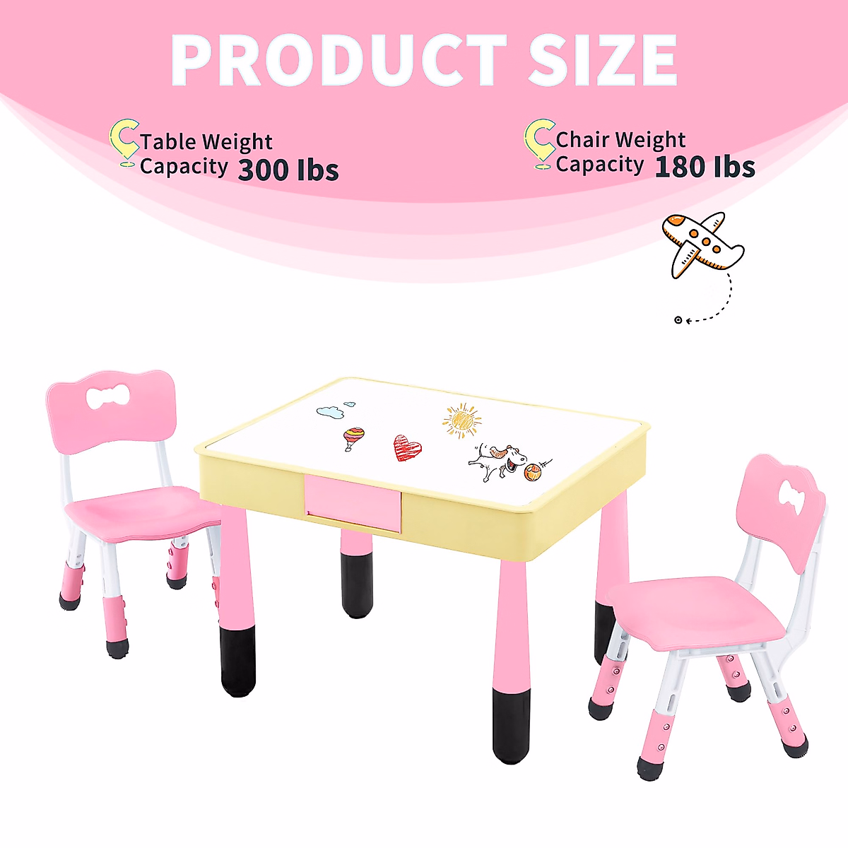 GITAWUSA 4 in 1 Kids Table and Chairs Set, Toddler Table and Chair Set for Kids Ages 3-10, 29.5" L x 23.6" W Activity Table w/Storage, Graffiti & Building Blocks Double-Sided Tabletop, Lovely Pink