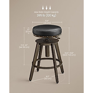 SONGMICS HOME Bar Stools, Set of 2, Steampunk Counter Stool for Kitchen, Adjustable Height and Swivel Padded Seat, Workbench Stool, 16.5 x 19.3 x 24.6-29.3 Inches, Ink Black ULJB096B01