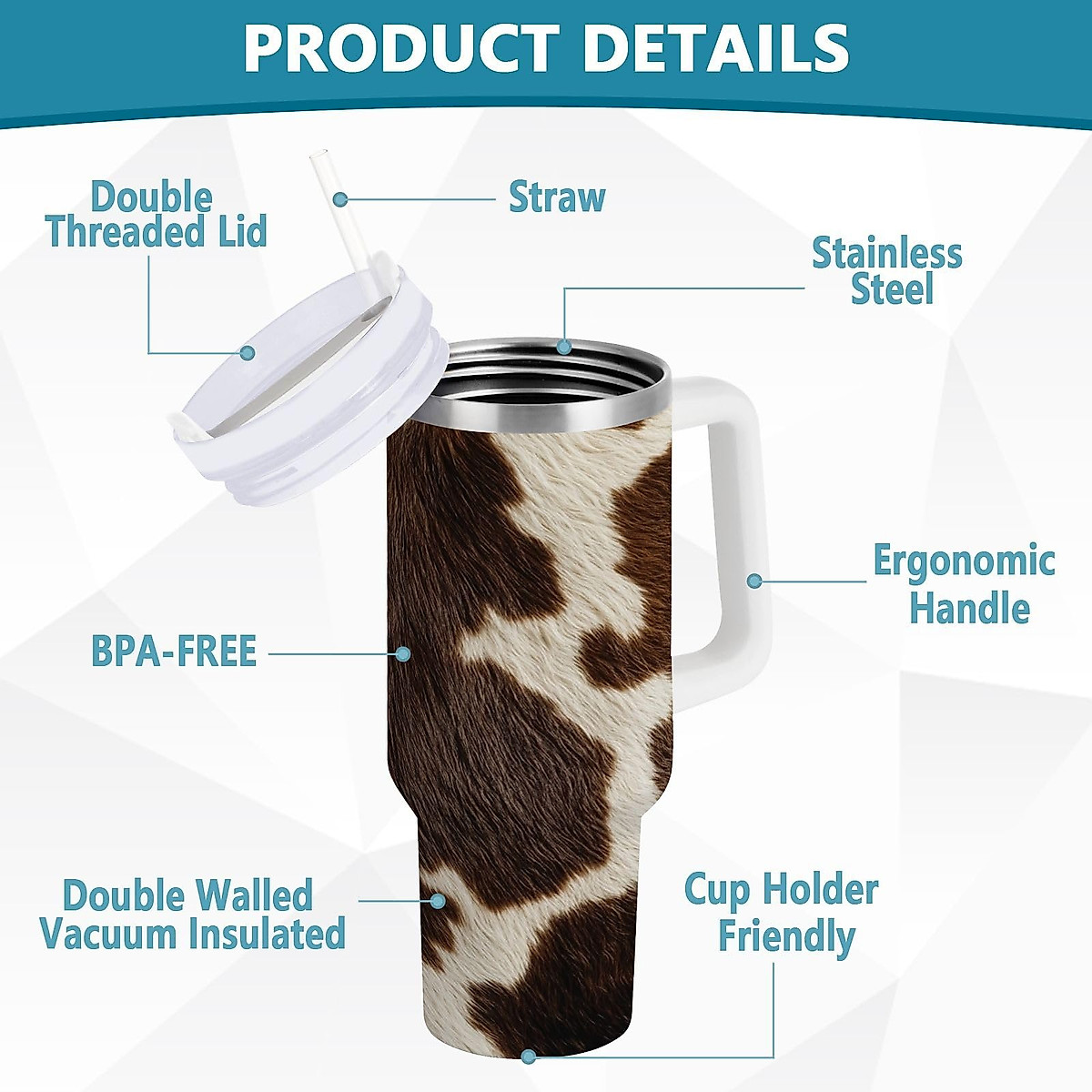 Nesatuwa 40 oz Cow Print Tumbler with Handle and Straw Lid,Reusable Stainless Steel Vacuum Insulated Tumbler Leakproof Travel Coffee Mug for Iced and Hot Beverages