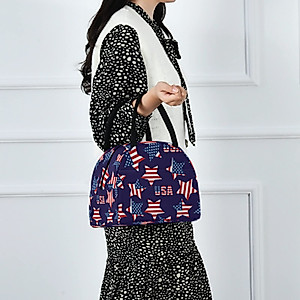 ZzWwR Usa Patriotic American Flag Stars Reusable Lunch Tote Bag with Front Pocket Insulated Thermal Cooler Container Bag for Back to School Work Travel Fishing Picnic Beach