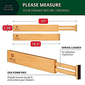 ROYAL CRAFT WOOD Adjustable Bamboo Drawer Dividers Organizers (17" - 21.5") - Expandable Drawer Organization Separators for Kitchen, Clothes, Bedroom, 4-Pack, (Natural)