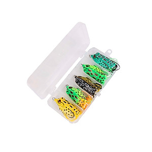 5pcs Frog Topwater Fishing Crankbait Lures Double Sharp Hooks Soft Bait for Bass Salmon Freshwater Saltwater Fishing with Tackle Box