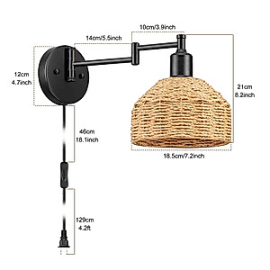 Plug in Wall Sconces, Swing Arm Wall Lamp with Natural Paper String Lampshade Set of 2, Vintage Adjustable Wall Mounted Sconce Wall Lighting Fixture for Bedroom,Bedside,Kitchen,Living Room,Reading