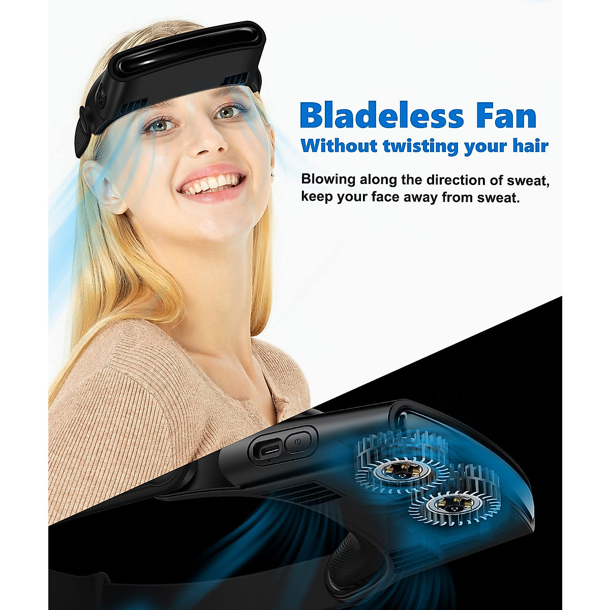 TRELC Personal Fans Headwear Sun Hat, Hands Free Bladeless Headband Fan, Rechargeable USB Fan Sun Visor Baseball Cap Portable Cooling Fan for Women Men Cycling Fishing Hiking Camping Sports (Black)