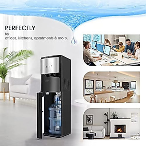 Bottom Loading Water Dispenser 5 Gallon,Hot Cold and Room Water Cooler with 3 Temperature Spouts, Empty Bottle Indicator Child Safety Lock Stainless Steel Black Home and Office Use