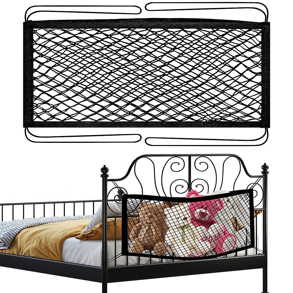 Stuffed Animal Net, Bedside Stuffed Animal Storage Net, Storage Net with Tether for Stuffed Animal Toys, Elastic Bedside Stuffed Animals Net or Hammock with Tether, Expand to 35 Inch 90cm (Black)