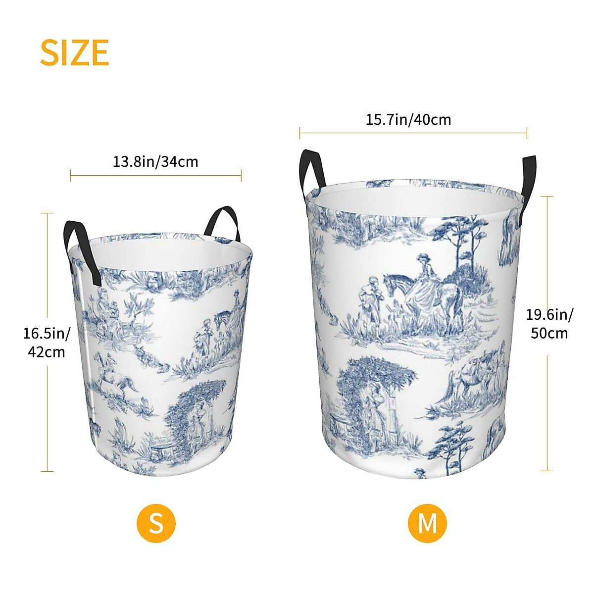 Laundry Hamper With Handles-Unique Toile Design Blue Laundry Basket-Round Storage Bin Dirty Clothes Basket
