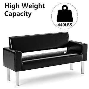 LEADZM Waiting Room Bench Seating, Salon Reception Office Chairs, Heavy Duty Guest Lobby Chairs with 2 Cup Holder,Leather Settee with Backrest & Armrest, Beauty Barber Furniture, Black