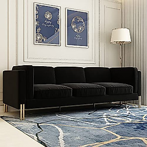 Hommoo 94" W 3 Seat Couch Mid Century Velvet Sofa with Metal Gold Legs Chesterfield with Removable Cushion Comfortable Sofa Couch for Small Apartment Living Room Bedroom Black