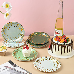 AimFun Sage Green Party Plates Gold Foil Polka Dots Gradient Green Dessert Paper Plates Disposable 7inch Birthday Cake Plates for Bridal Baby Shower Tini Bit Older Party Supplies (24, Sage Green)