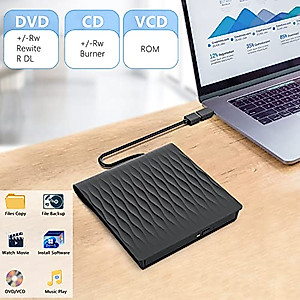LPUNCD External CD/DVD Drive for Laptop USB 3.0 & Type-C，External CD DVD Burner CD/DVD+/-RW Rewriter for Laptop, Desktop, iMac, MacBook, Compatible with Windows 11/10/XP/8/7/Vista/Linux/MacOS, Black