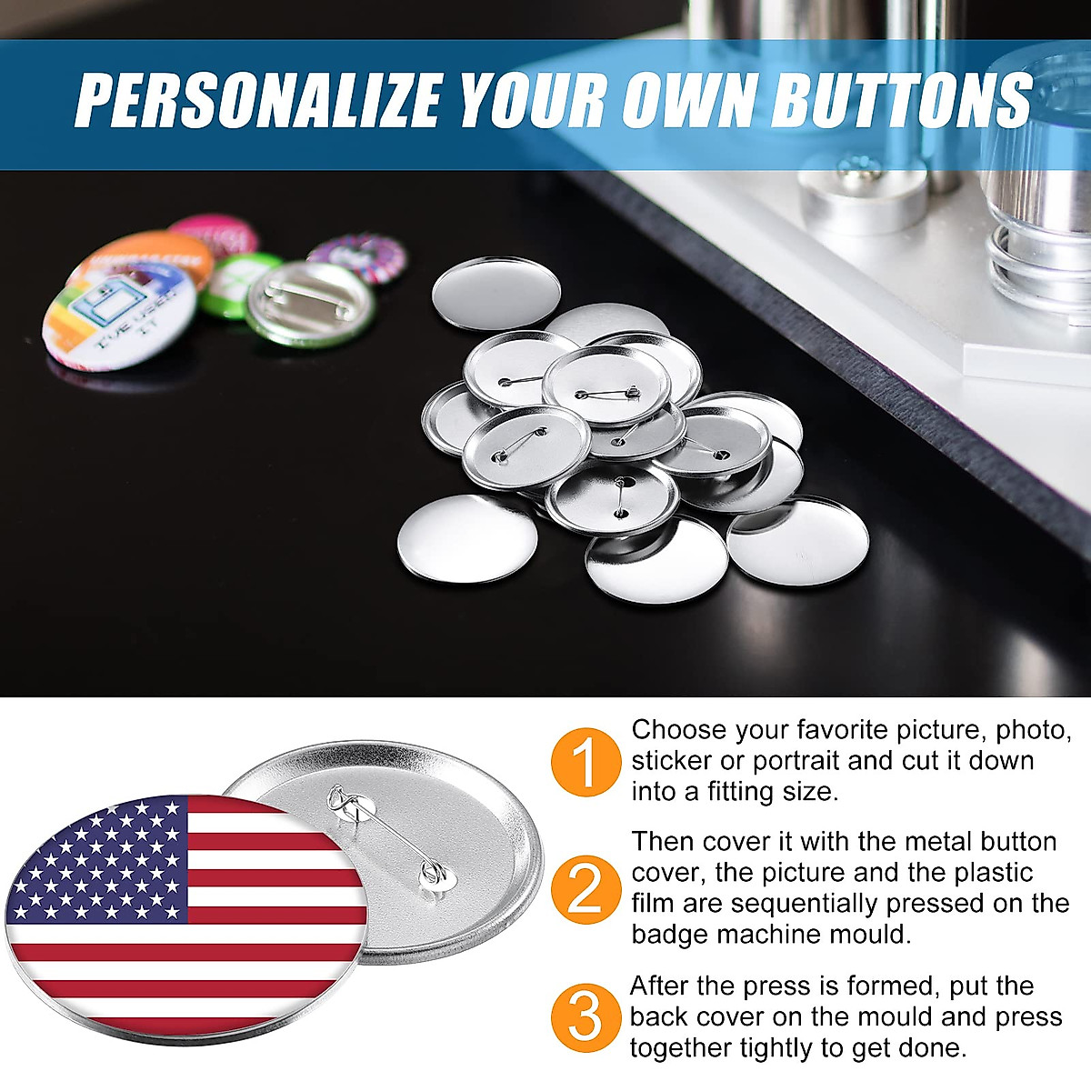 150 Pcs Round Button Parts Blank Button Making Supplies Metal Button Badge Sets for Button Maker Machine, Include Metal Shells Metal Back Cover Clear Film Components (Silver, 58 mm/ 2.28 Inch)