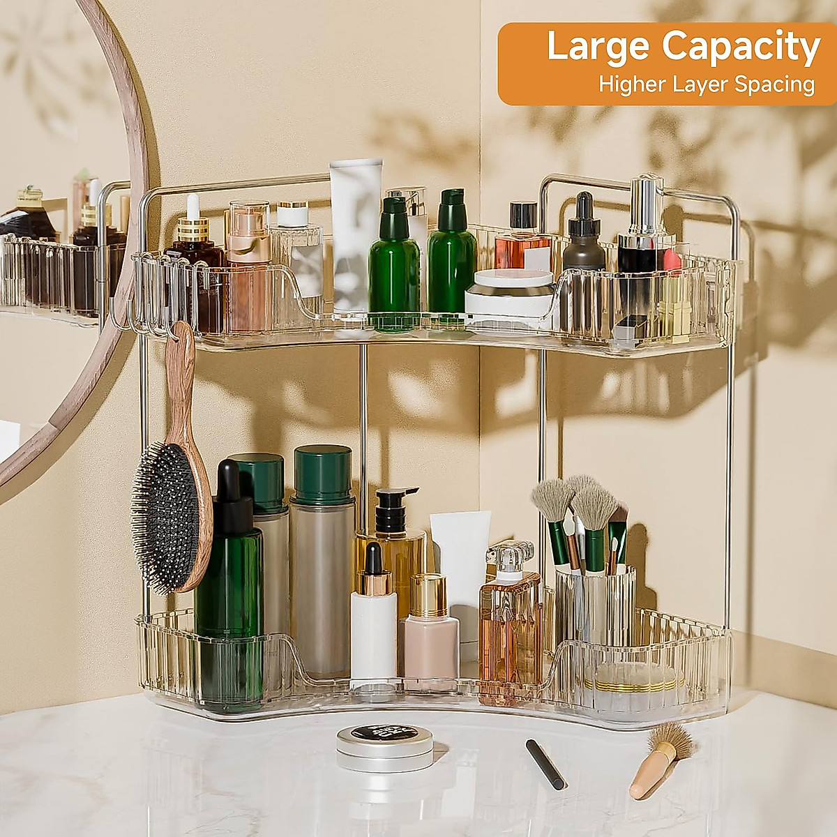 Kinkota 2 Tier Corner Bathroom Organizer Countertop, Plastic Bathroom Counter Organizer, Vanity Tray Sink Shelf with Hooks, for Makeup Storage (Clear)