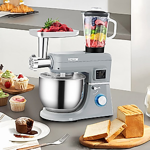 VEVOR 5 IN 1 Stand Mixer, 660W Tilt-Head Multifunctional Electric Mixer with 6 Speeds LCD Screen Timing, 7.4 Qt Stainless Bowl, Dough Hook, Flat Beater, Whisk, Scraper, Meat Grinder, Juice Cup - Gray
