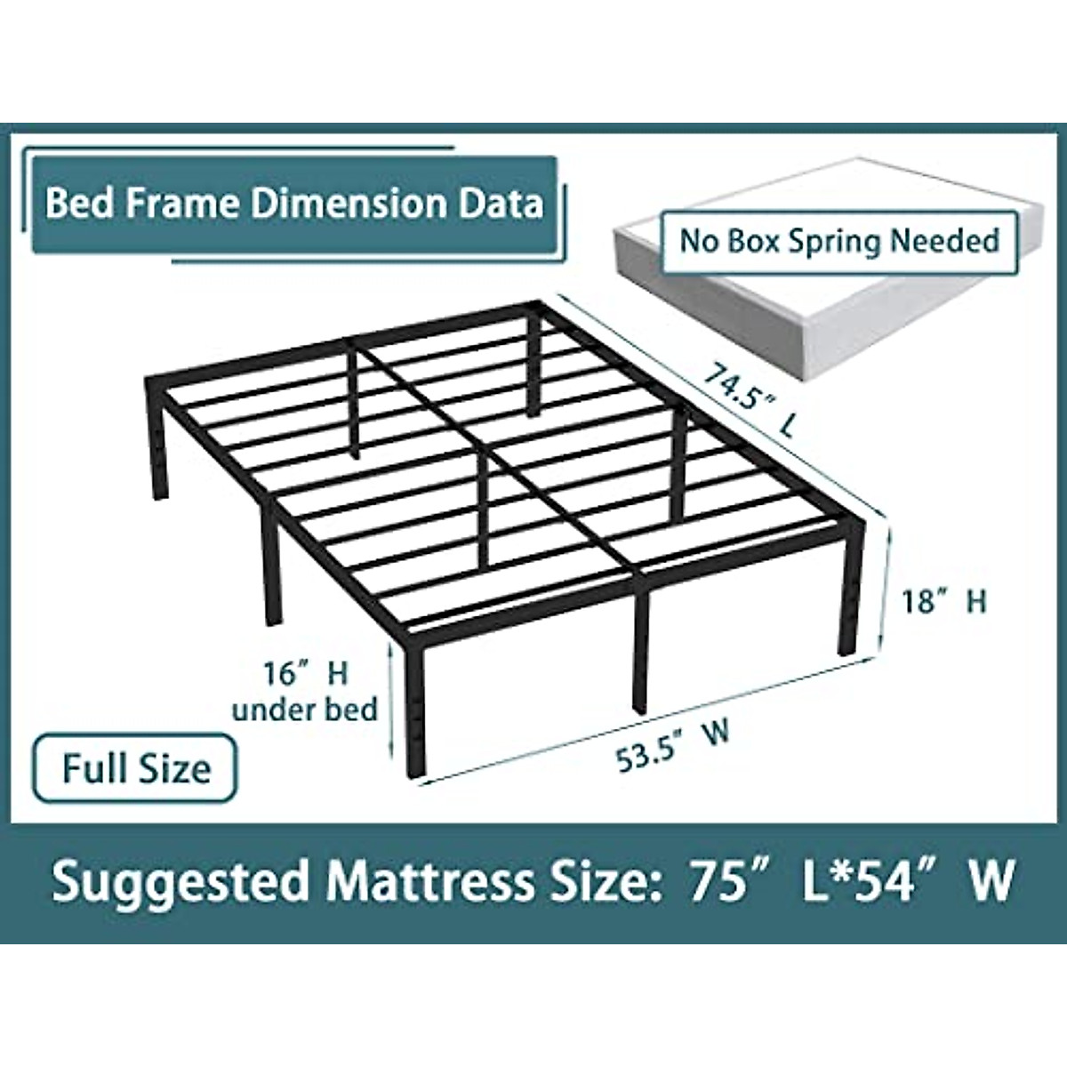 Rooflare Full Bed Frame 18 Inch Tall 9 Legs Max 3500lbs Heavy Duty Metal Full Size Platform for Boys Girls Kids No Box Spring Needed Black Easy to Assemble-Black