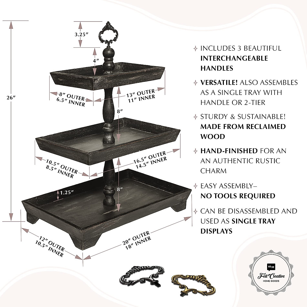 Large Rectangle Rustic Wood Three Tiered Tray, 3 Tier Serving for Coffee Bar, Kitchen Counter, Modern Farmhouse Table Decor, Cupcake Stand, Holiday - Felt Creative Home Goods (Black) with 3 Handles