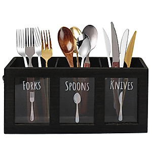 Mibcocny Wood Utensil Caddy For Kitchen Counter, Silverware Organizer Countertop, Spoon And Fork Organizer With Handles, Flatware Cutlery Knife Holder For Party Hosting Storage (Black)