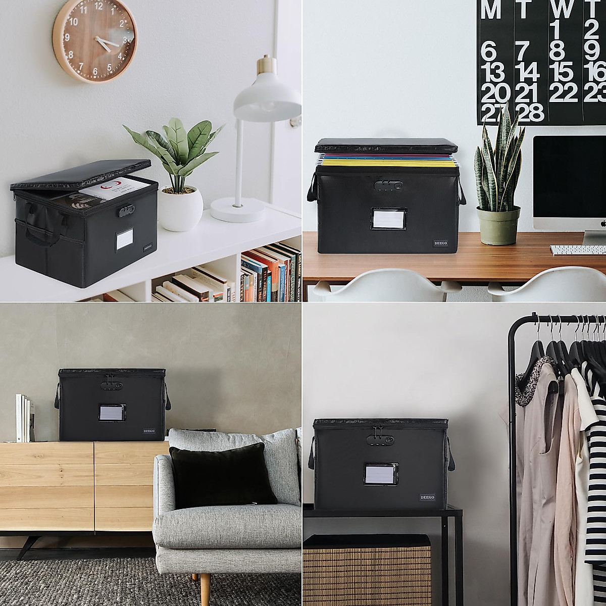 Fireproof Document Box, Water-Resistant File Organizer Box with Lock, Portable File Box with Handle Document Organizer Collapsible File Cabinets for Home Office for Hanging Letter/Legal Folder, Black