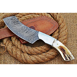 HUNTEX Handmade Hand-Forged Twist Pattern Damascus Steel 9 Inch Long Full Tang Natural Deer Antler Handle Razor Sharp Hunting Camping Cleaver Knife w/Genuine Leather Sheath