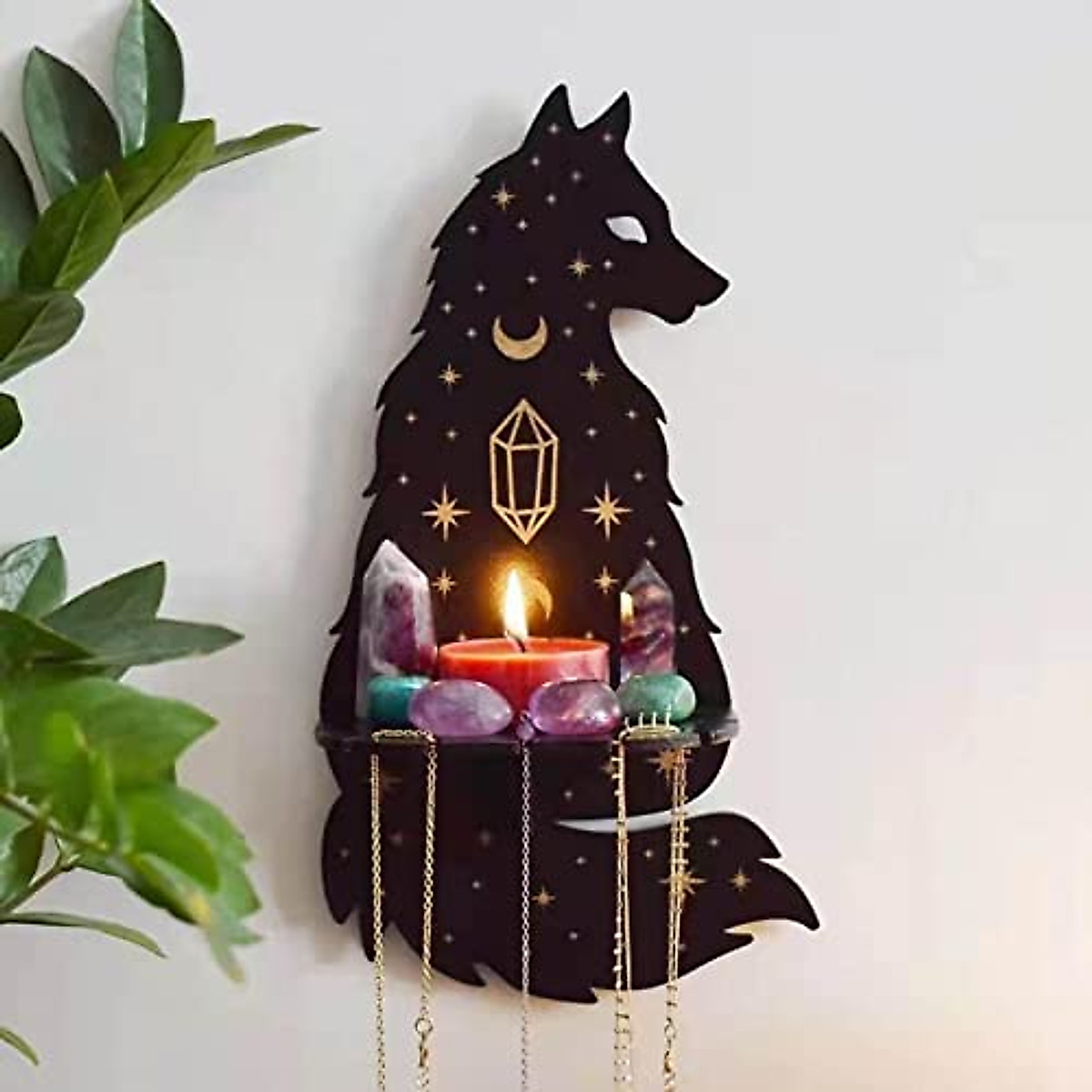 Halloween Decoration Hand Floral Sun and Moon Altar Shelf with-Pendulum and Necklace Stand Wooden Creative Crystal Wall Shelf (Wolf)