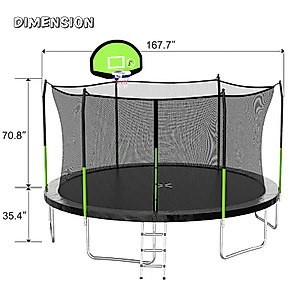 AOTOB 14FT Trampoline with Safety Enclosure Net, Outdoor Trampoline with Basketball Hoop,Heavy Duty Jumping Mat and Spring Cover Padding for Kids and Adults, Storage Bag and Ladder Green