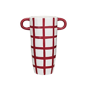 Creative Co-Op Hand-Painted Stoneware Container with Grid Pattern and Handles, Red and White
