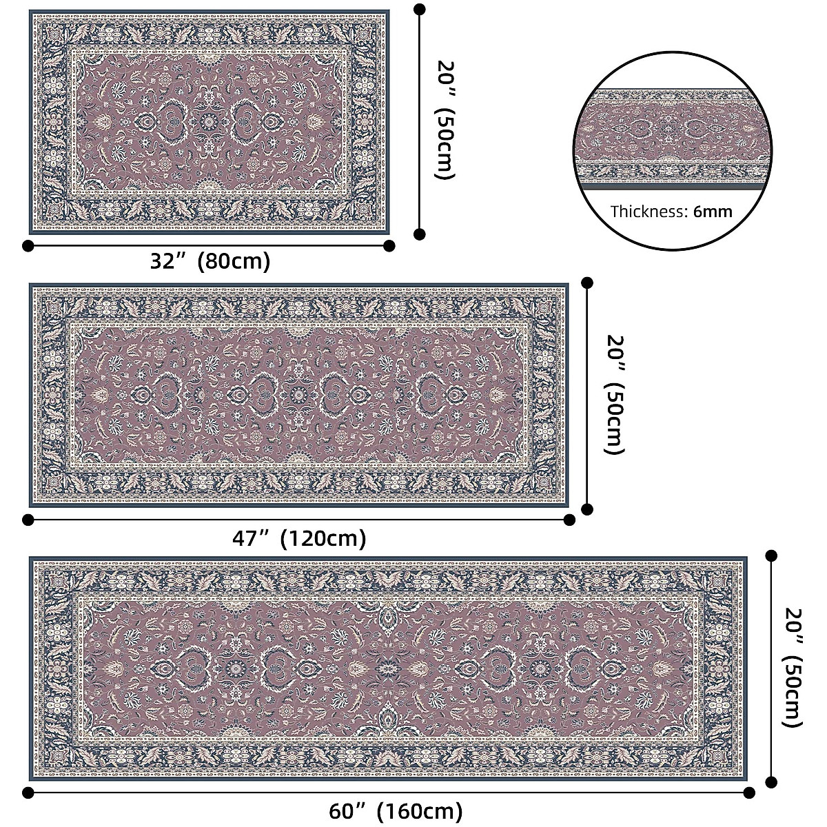 Jinaply Kitchen Rugs Sets 3 Piece with Runner Non Slip,Kitchen Rugs and Mats,Red Bohemian Kitchen Runner Rug Set for Non Skid Washable for Hallway Kitchen Laundry Room Bathroom