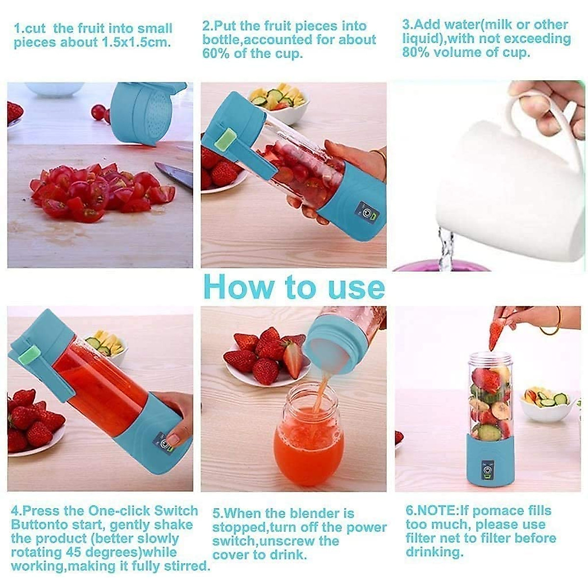 Portable Blender, Personal Blender, Small Fruit Mixer, Electric USB Rechargeable Juicer Cup, Fruit Mixing Machine Home,Travel (blue)