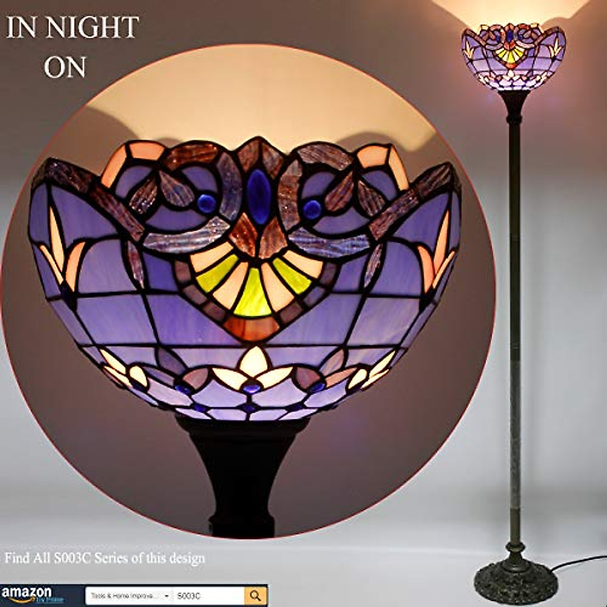 WERFACTORY Tiffany Floor Lamp Blue Purple Baroque Stained Glass Light 12X12X66 Inch Pole Torchiere Standing Corner Torch Uplight Decor Bedroom Living Room Home Office S003C Series
