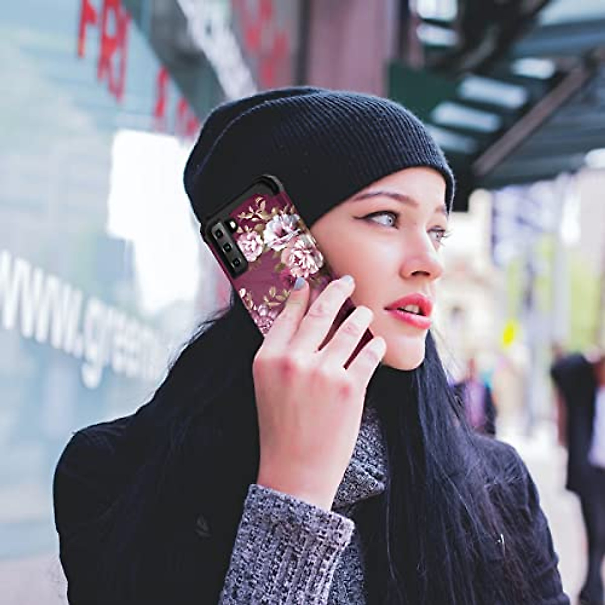 Hocase for Galaxy S21 FE 5G Case, Heavy Duty Shockproof Protection Soft Silicone Rubber+Hard Plastic Bumper Hybrid Protective Case for Samsung Galaxy S21 FE (6.4" Display) 2021 - Burgundy Flowers