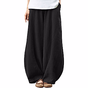 IXIMO Women's Casual Cotton Linen Baggy Pants with Elastic Waist Relax Fit Lantern Trousers Black XL