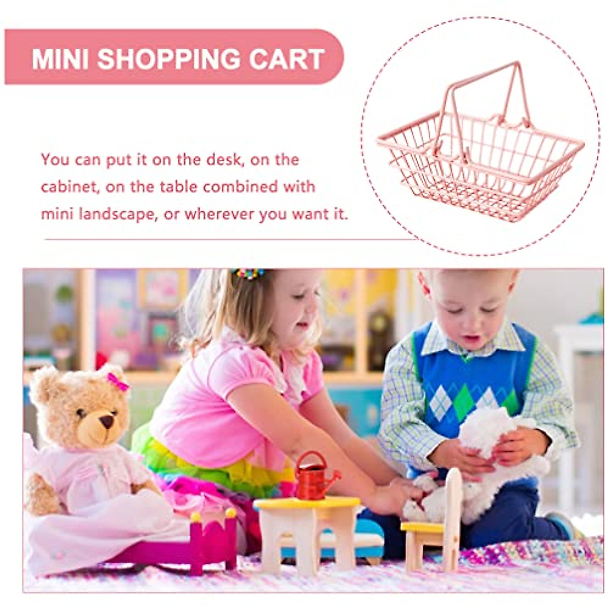 Toddmomy Mini Shopping Basket Metal Wire Storage Basket with Handles for Mini House Furniture Decoration Kids Party Favors